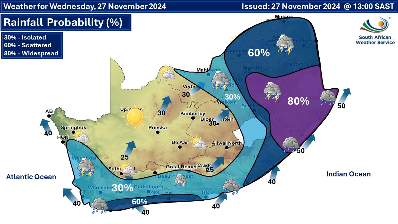 Severe thunderstorms in the east on Wednesday but 5°C for Sutherland