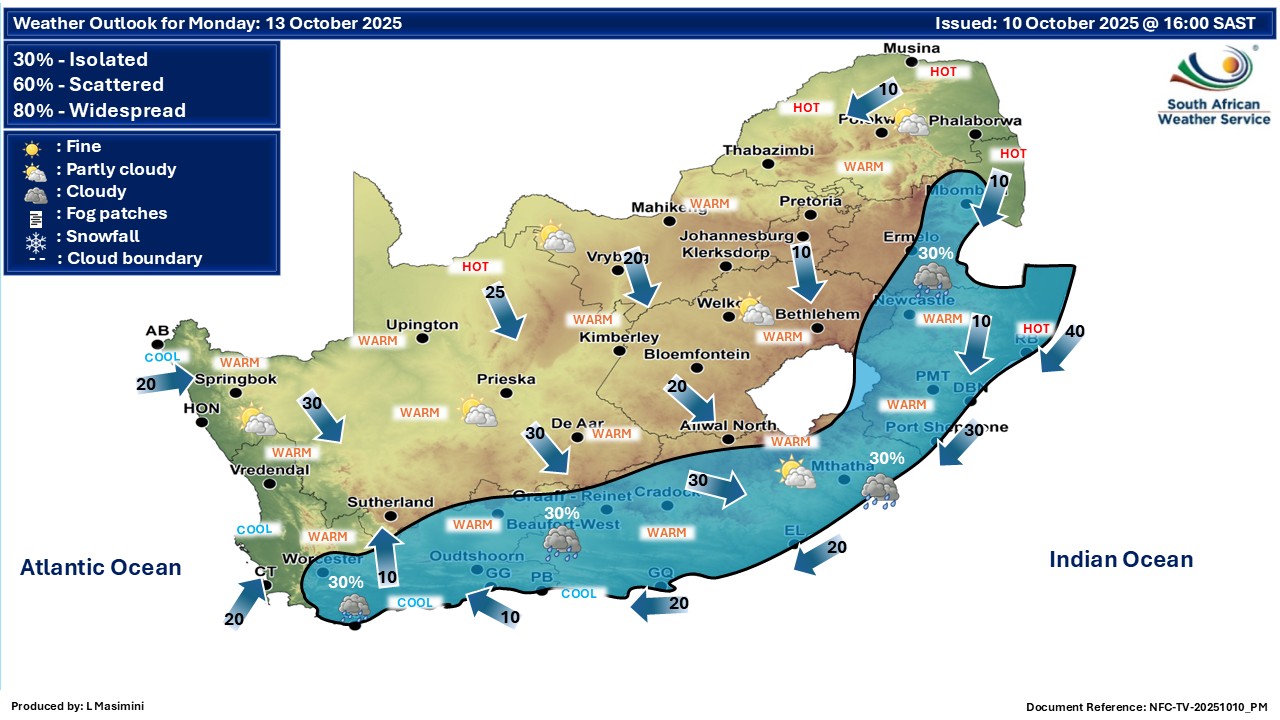 Thunderstorms or rain possible over much of South Africa on Saturday